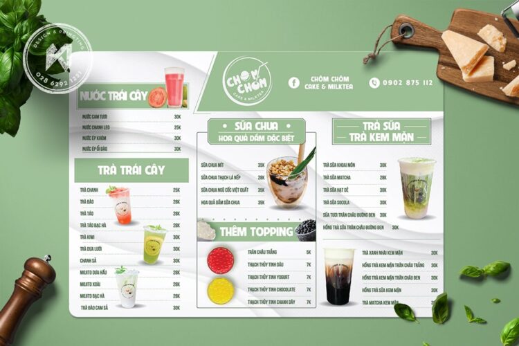 Thiết kế menu A3 đẹp cho quán cafe, quán nước, trà sữa.